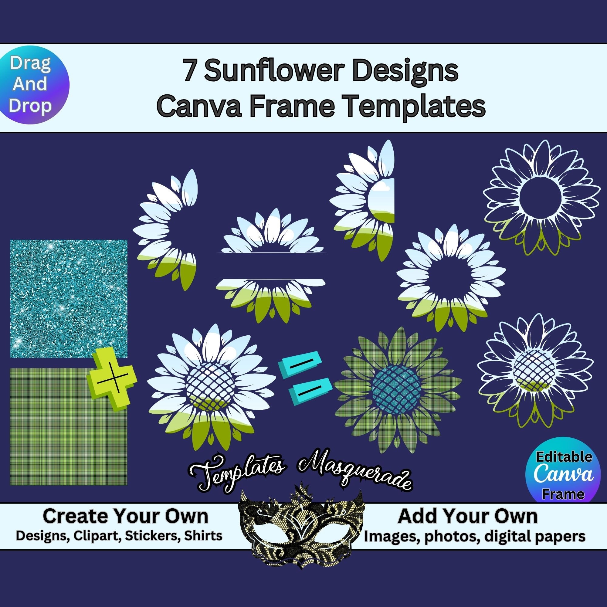 Sunflowers Canva Template Frames, Drag and Drop Fillable Mockup, DIY ...