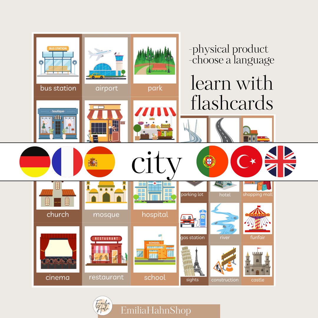 City Vocabulary Flashcards, Languages, Study, Learning, School, at Home ...