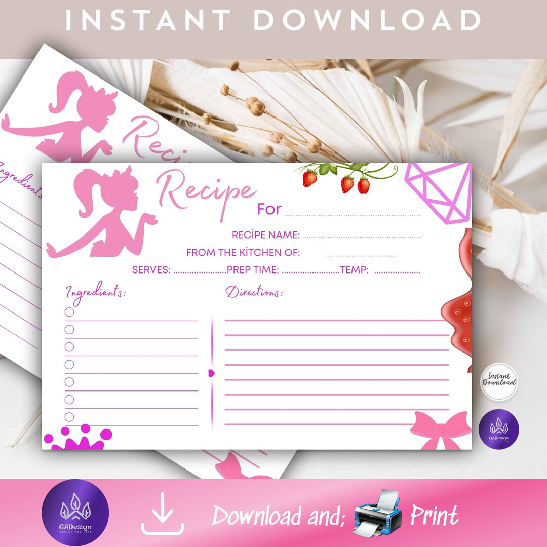 Customizable Pink Strawberry Recipe Card. Instant Download - Etsy