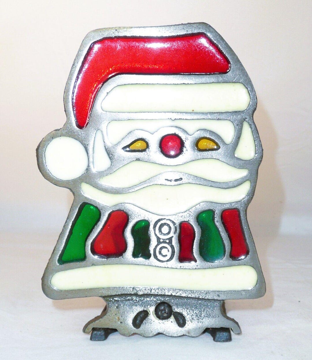 Vintage Stained Glass Cast Iron Santa Claus Votive Candle Holder ...