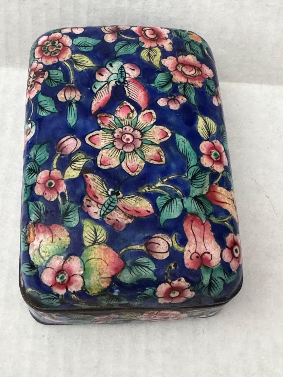 Antique Chinese Cobalt Blue Cloisonne Floral Enameled Bronze Trinket ...