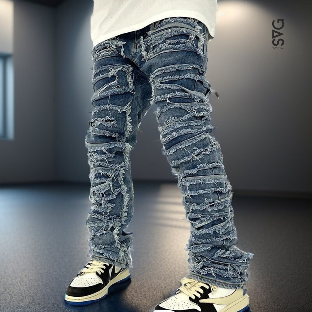 Retro Hole Ripped Distressed Jeans Men, Patchwork Jeans, Straight Loose ...