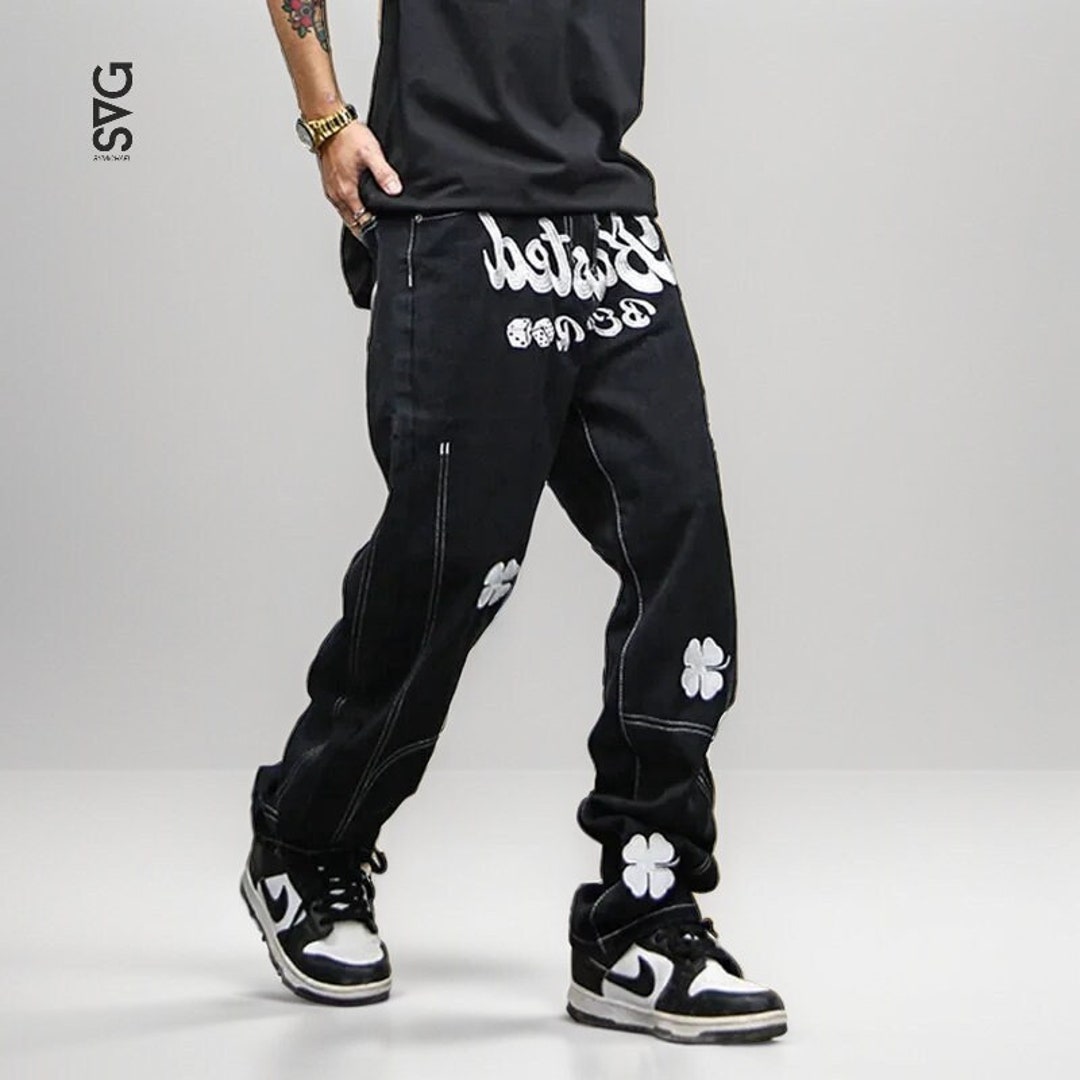 Y2K Letter Embroidered Street Pants, Loose Y2k Denim Trousers, Straight ...