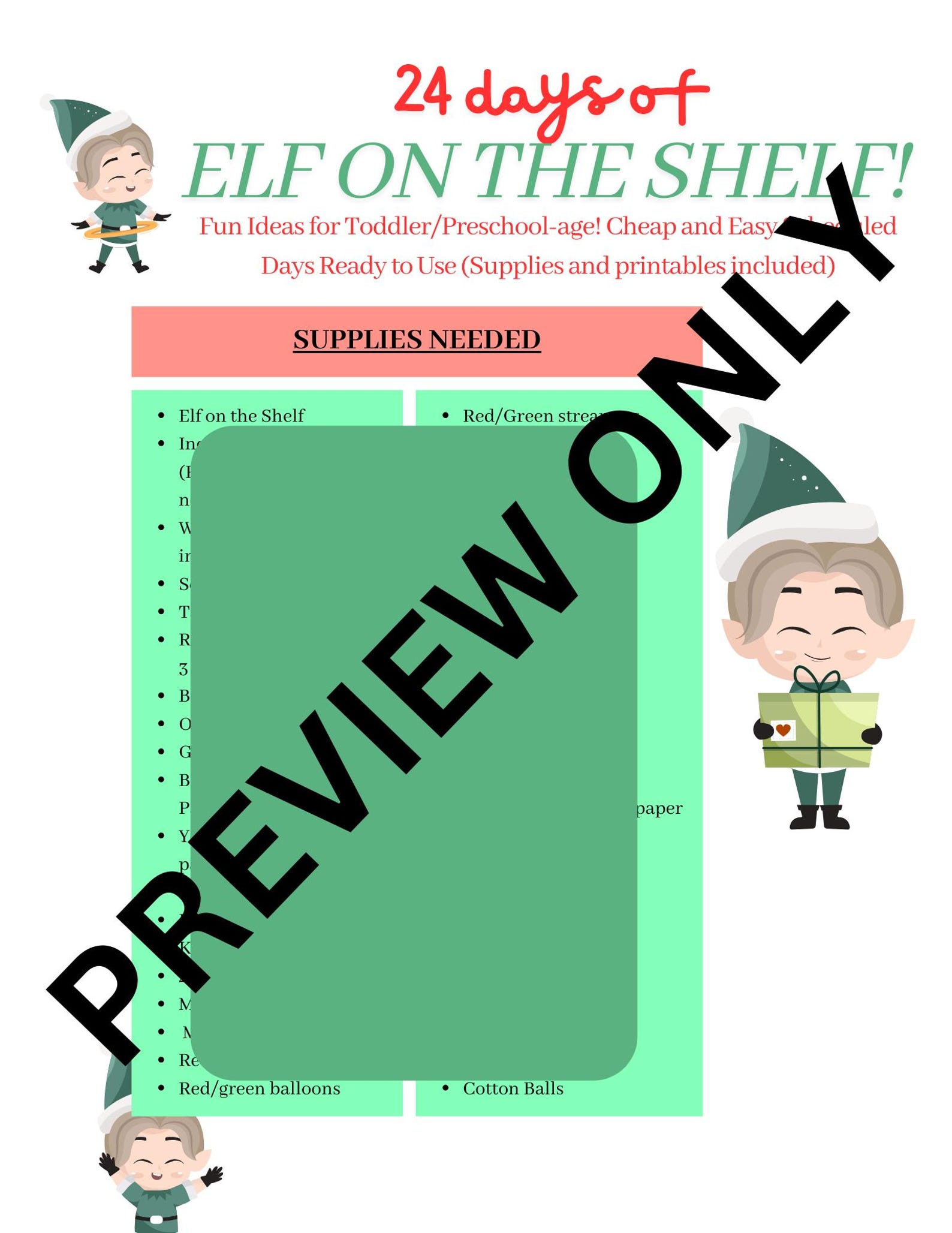 Elf on the Shelf Schedule: Toddler & Preschool Tasks (digital File) - Etsy