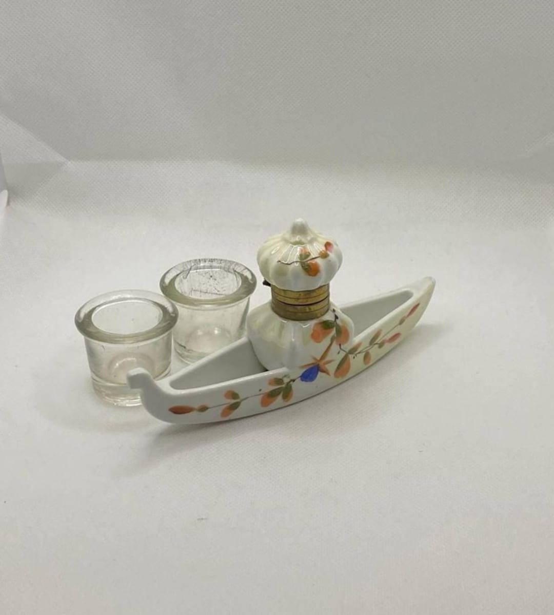 Antique Porcelain Boat-shaped Inkwell With Floral Design, Early 20th ...