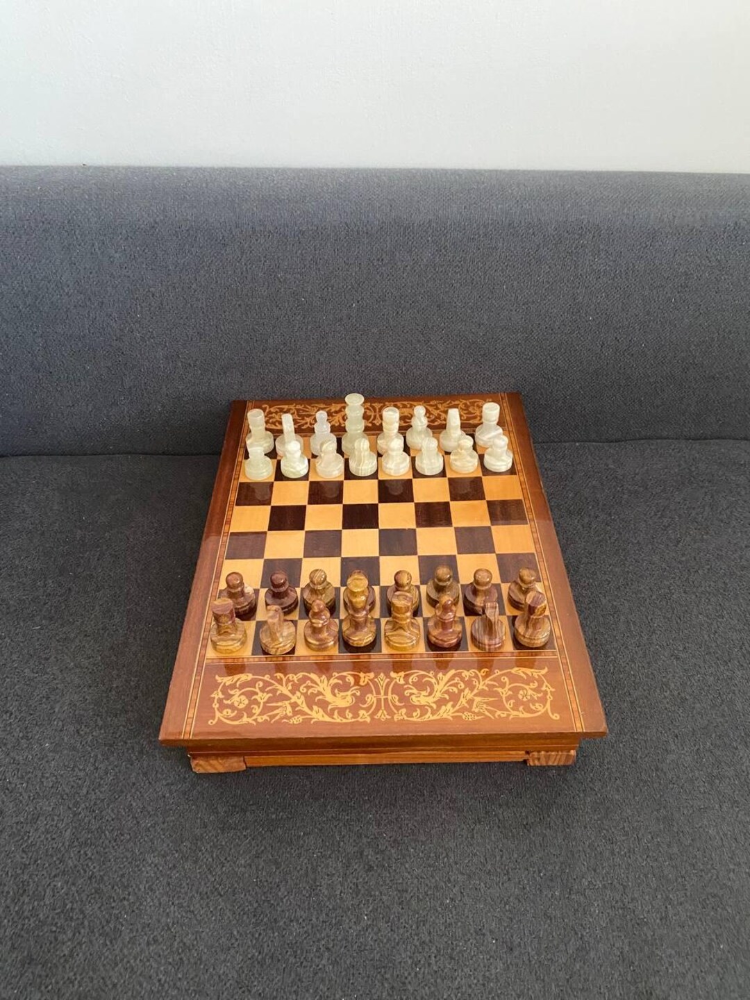 Vintage Musical Chess Set With Stone Pieces and Inlaid Board - Etsy