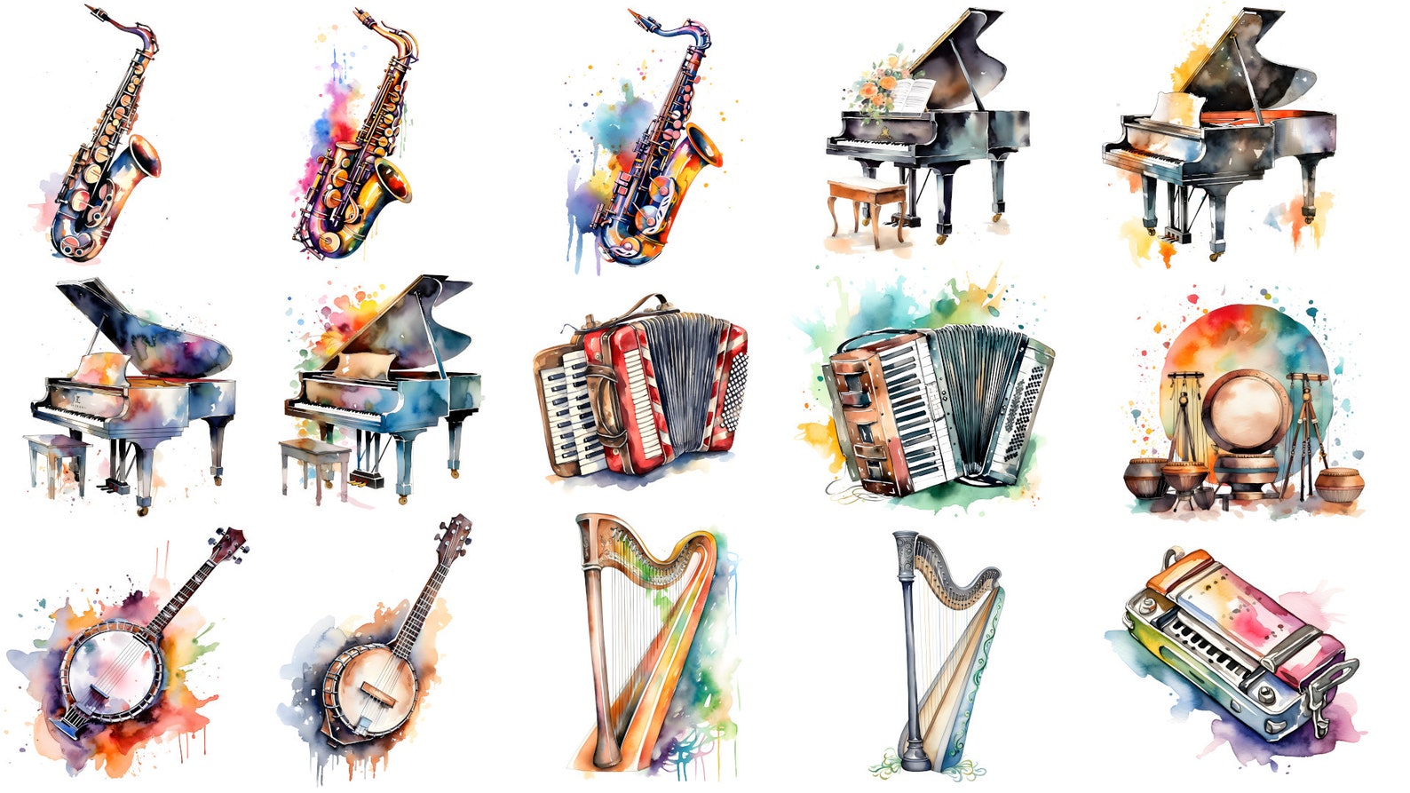 Musical Instruments Bundle 30 PNG Watercolor Musical Instruments Music ...