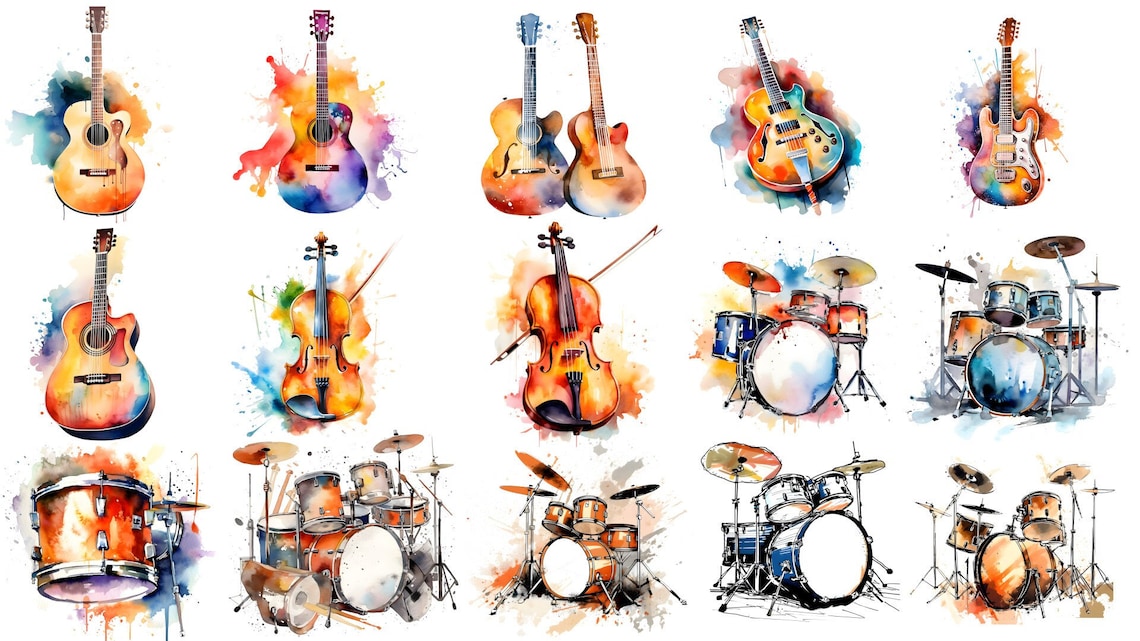Musical Instruments Bundle 30 PNG Watercolor Musical Instruments Music ...