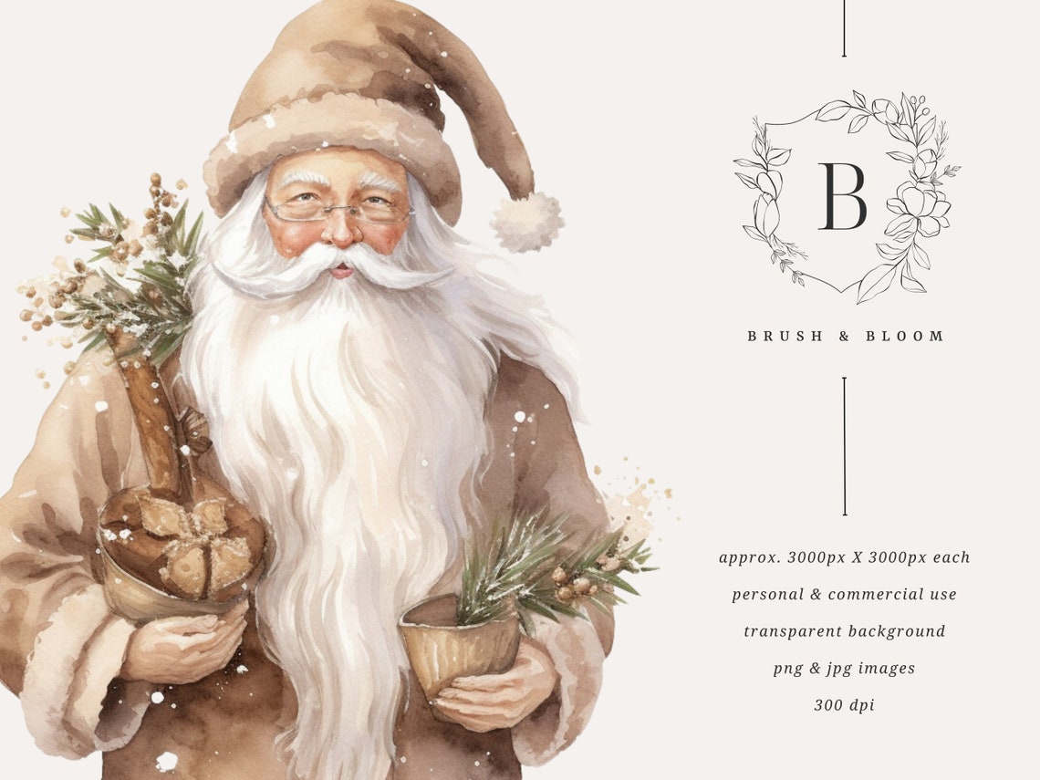Christmas Santa Watercolor Clipart, Neutral Santa Claus Png, Holiday ...