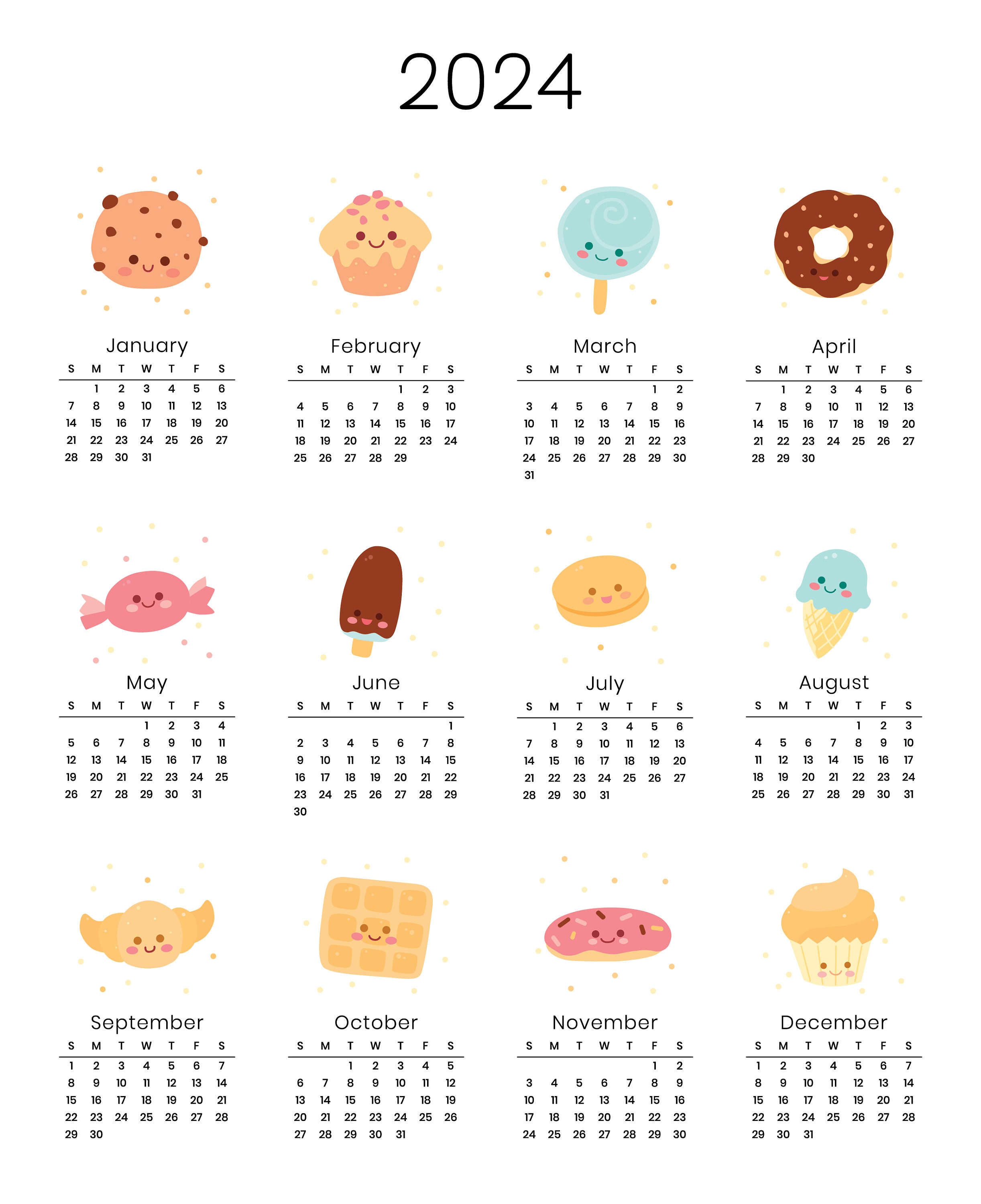 Printable 2024 Cookies and Desserts Calendar, Minimal Desserts ...