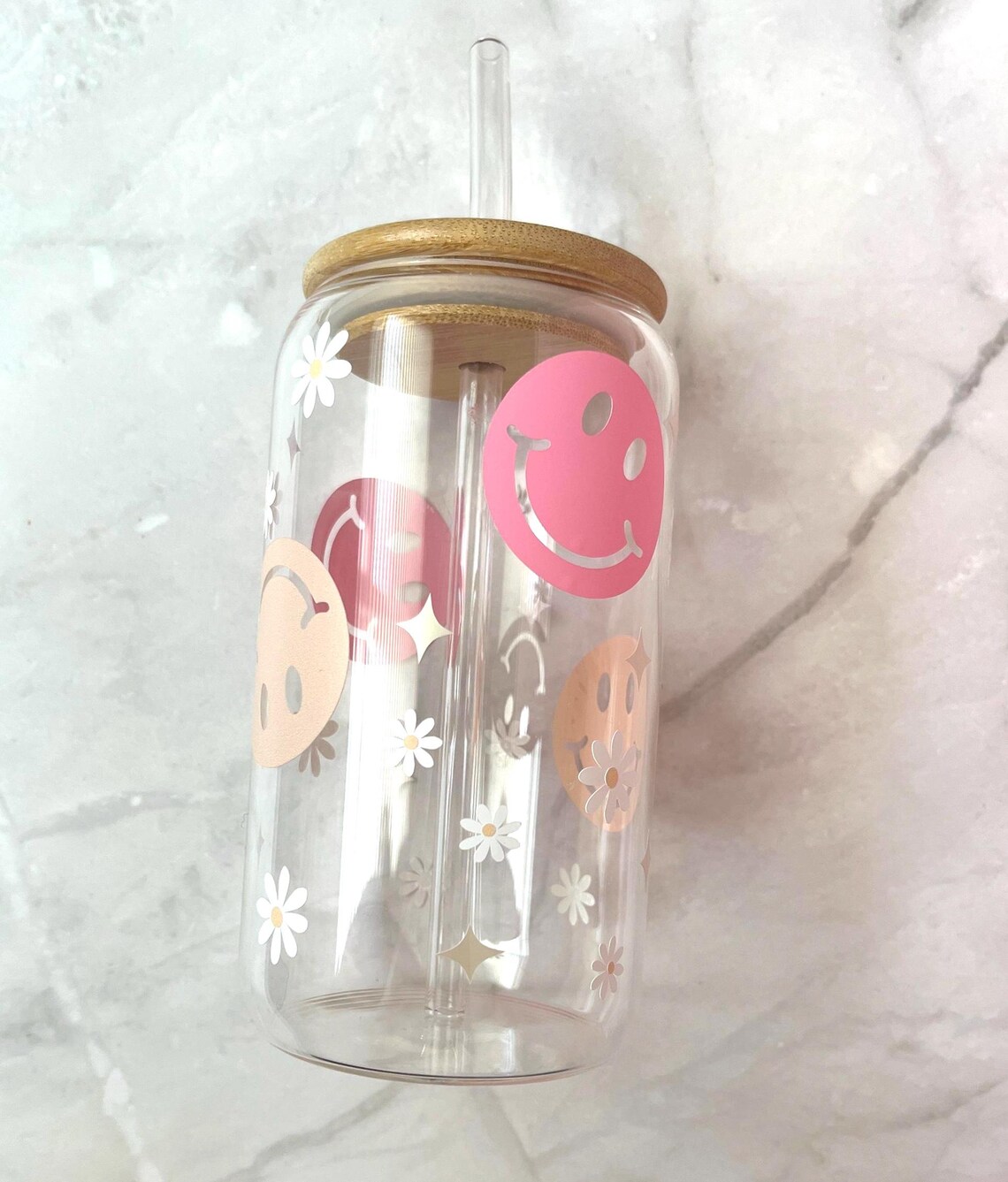 Retro Daisy and Smiley Face Clear Glass Cup With Bamboo Lid and ...
