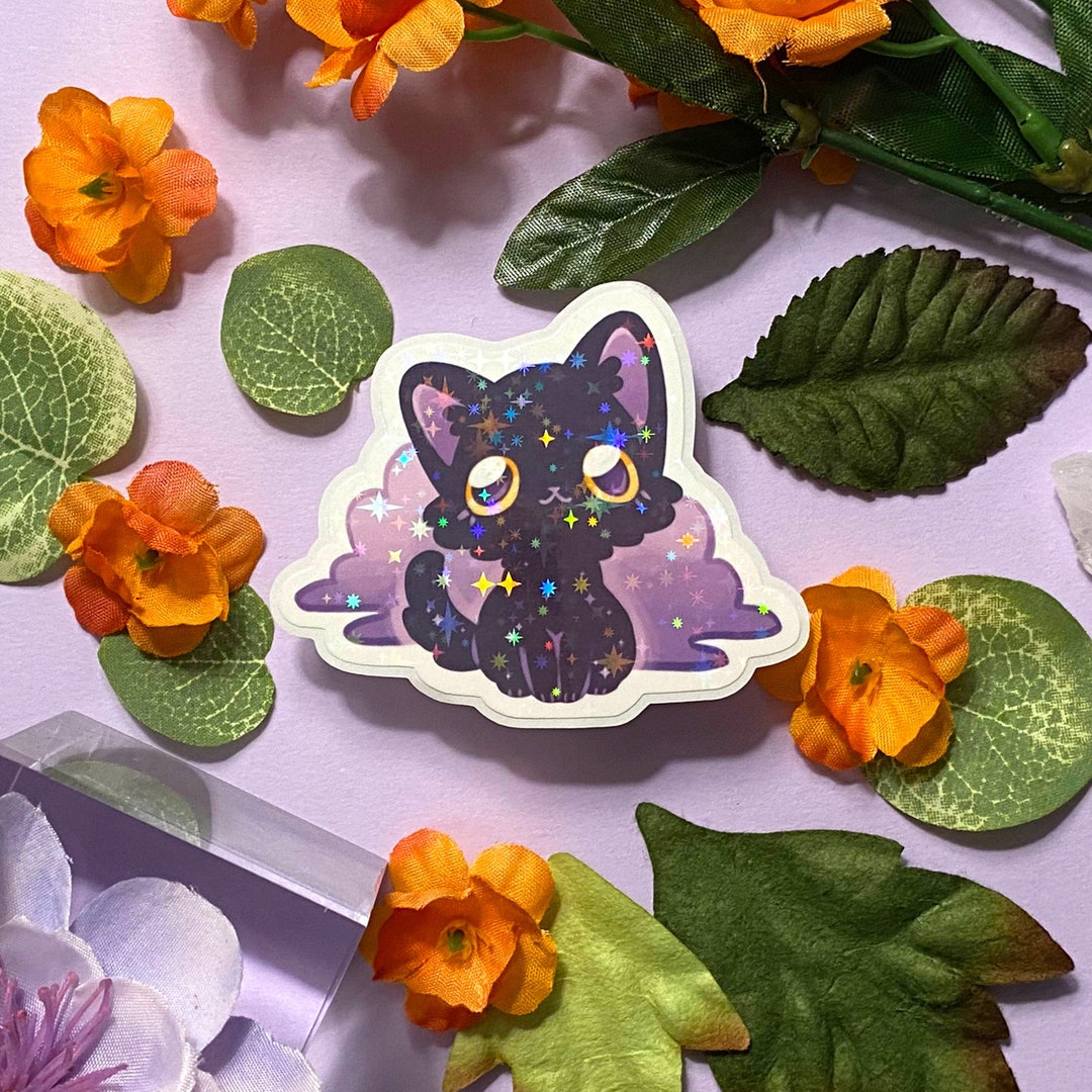 Chibi Black Cat Vinyl Sticker Sparkle Holographic & - Etsy
