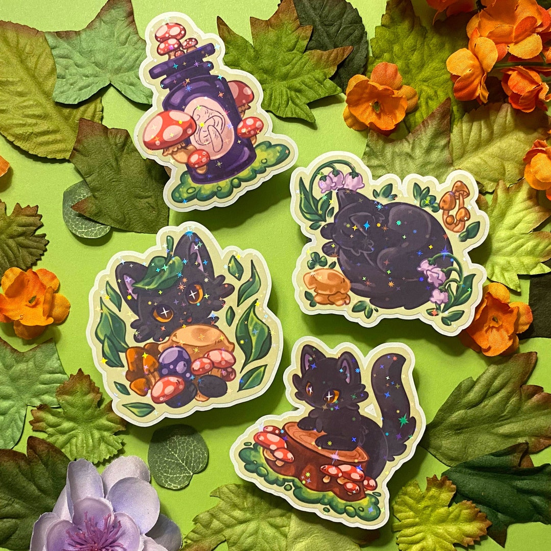Mushroom Cat Vinyl Stickers || 4 Designs || Sparkle Holographic ...