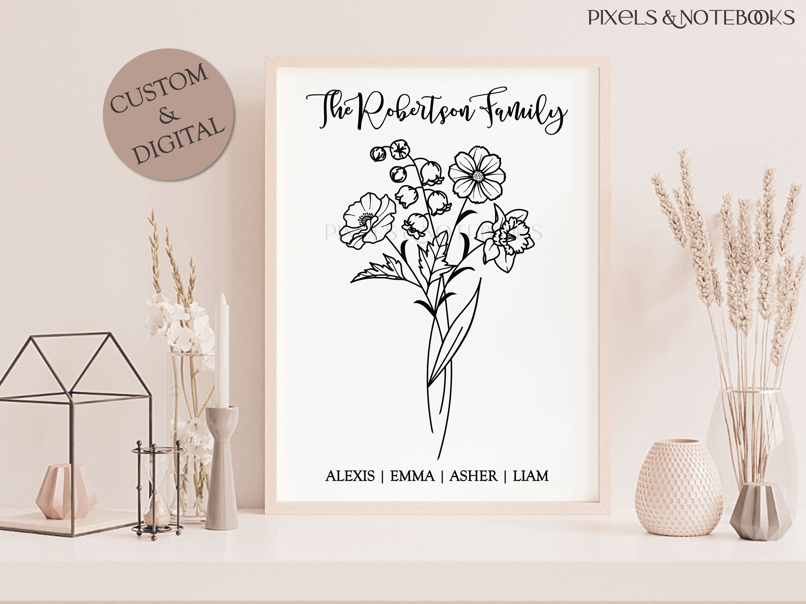 DIGITAL and CUSTOM Birth Month Flower Family Bouquet Print Birth Month ...