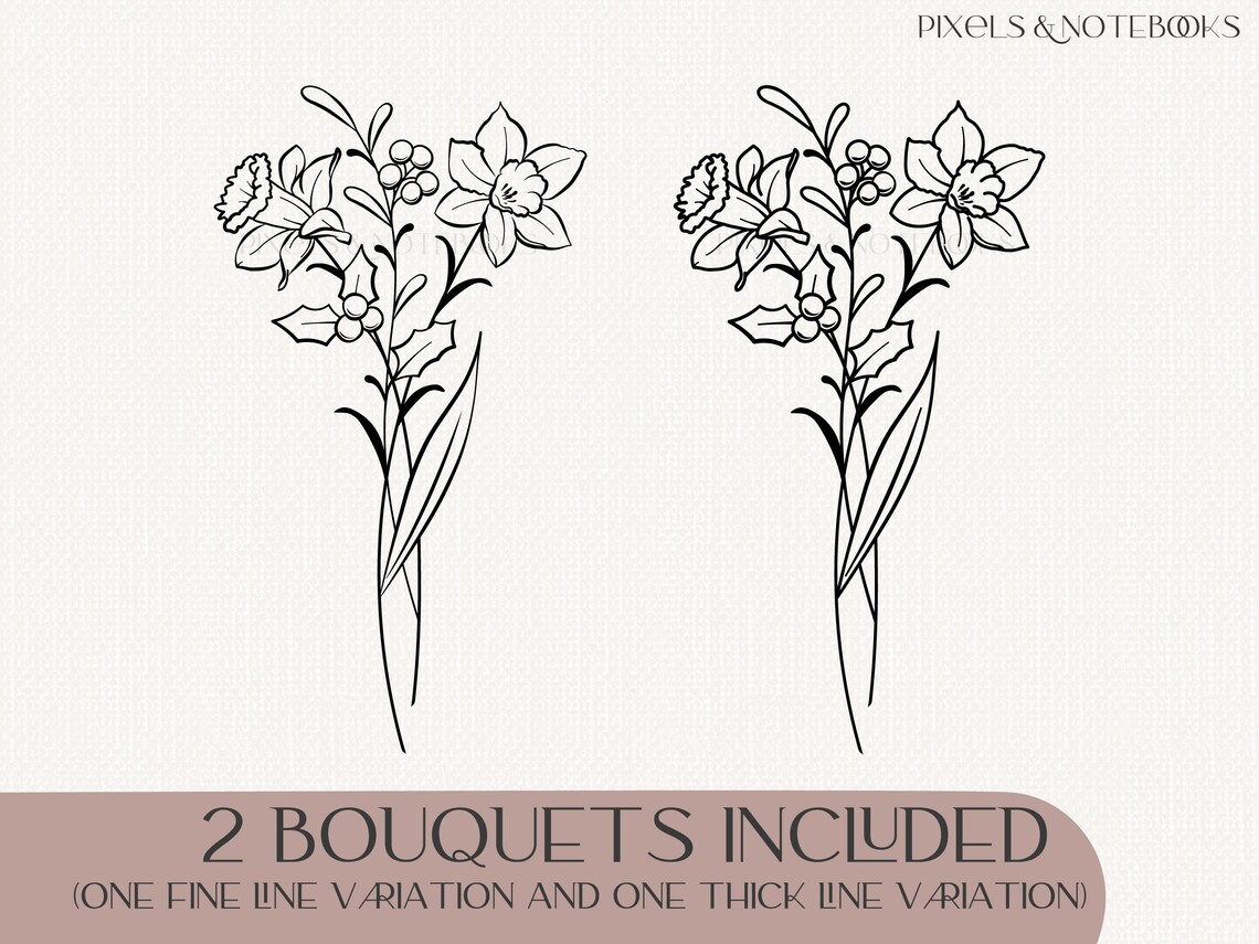 December Birth Flower Bouquet SVG PNG: Holly and Narcissus (digital ...