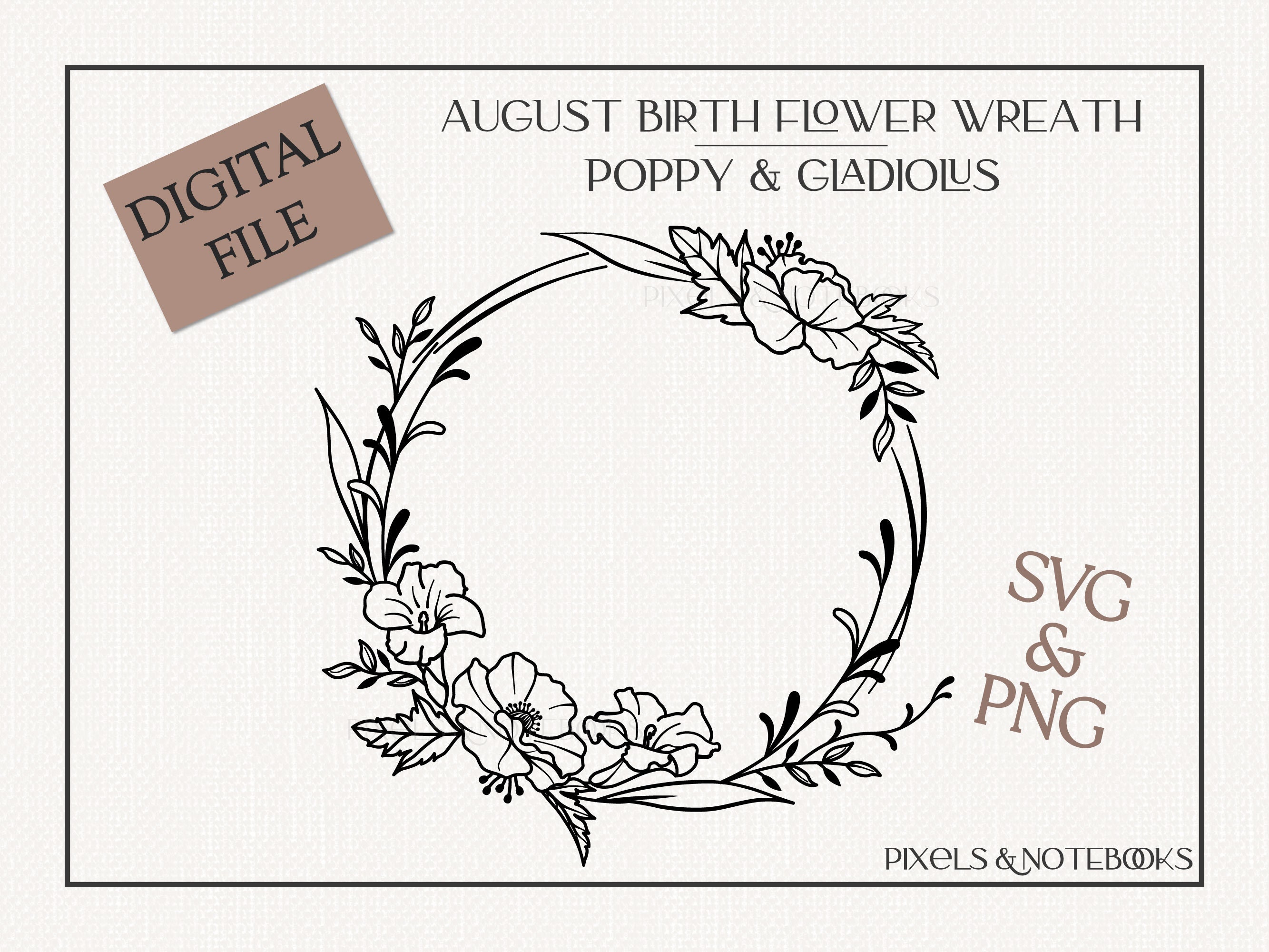 August Birth Month Flower Wreath Bouquet SVG PNG Poppy and Gladiolus ...