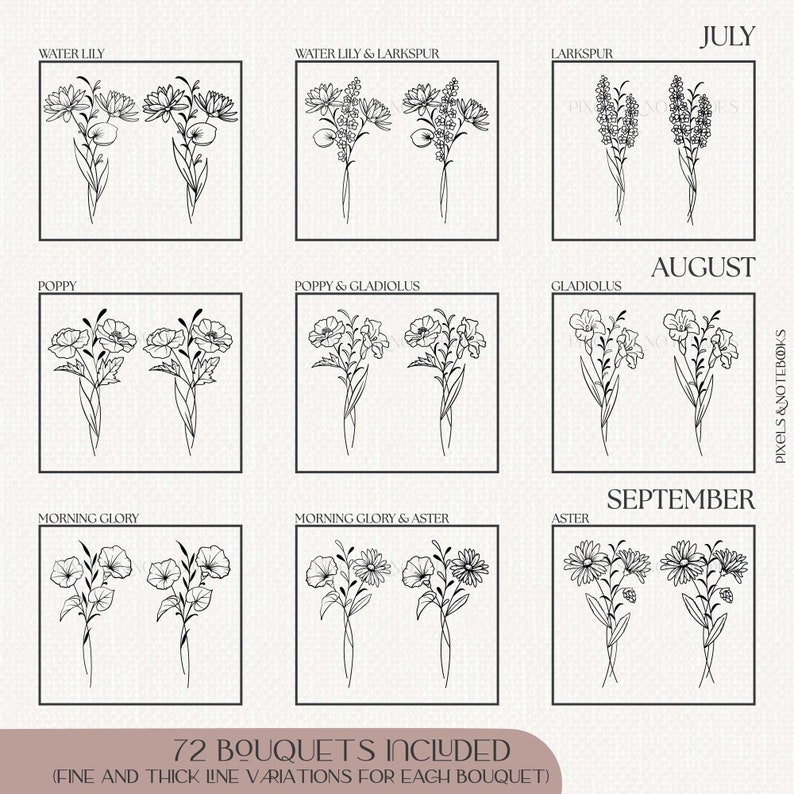 Birth Month Flower Bouquet SVG PNG Bundle: Hand-drawn Floral Clipart ...