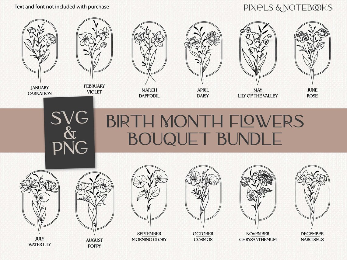 Birth Month Flower Bouquet SVG PNG Bundle With Oval Frame (digital ...