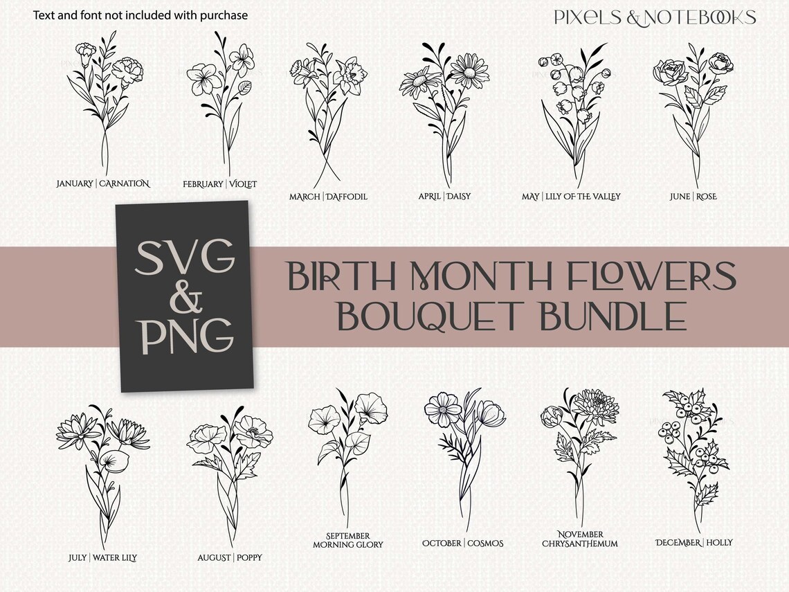 Birth Month Flower Bouquet SVG PNG Bundle 12 Hand Drawn - Etsy Australia