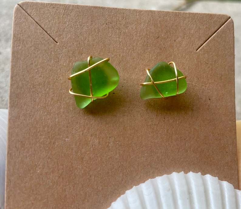 Sea Glass Stud Earrings Wire Wrapped Beach Jewelry Authentic - Etsy