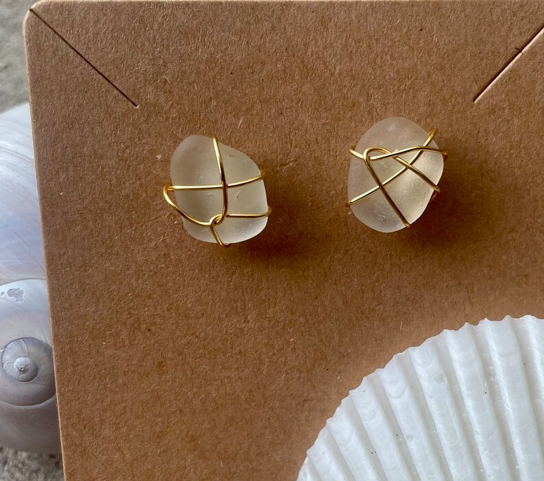 Sea Glass Stud Earrings Wire Wrapped Beach Jewelry Authentic - Etsy