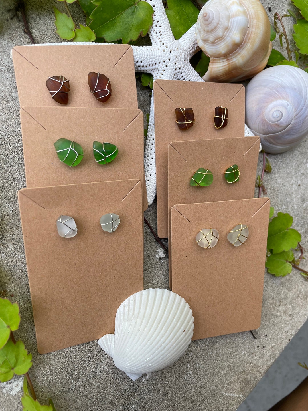 Sea Glass Stud Earrings Wire Wrapped Beach Jewelry Authentic - Etsy
