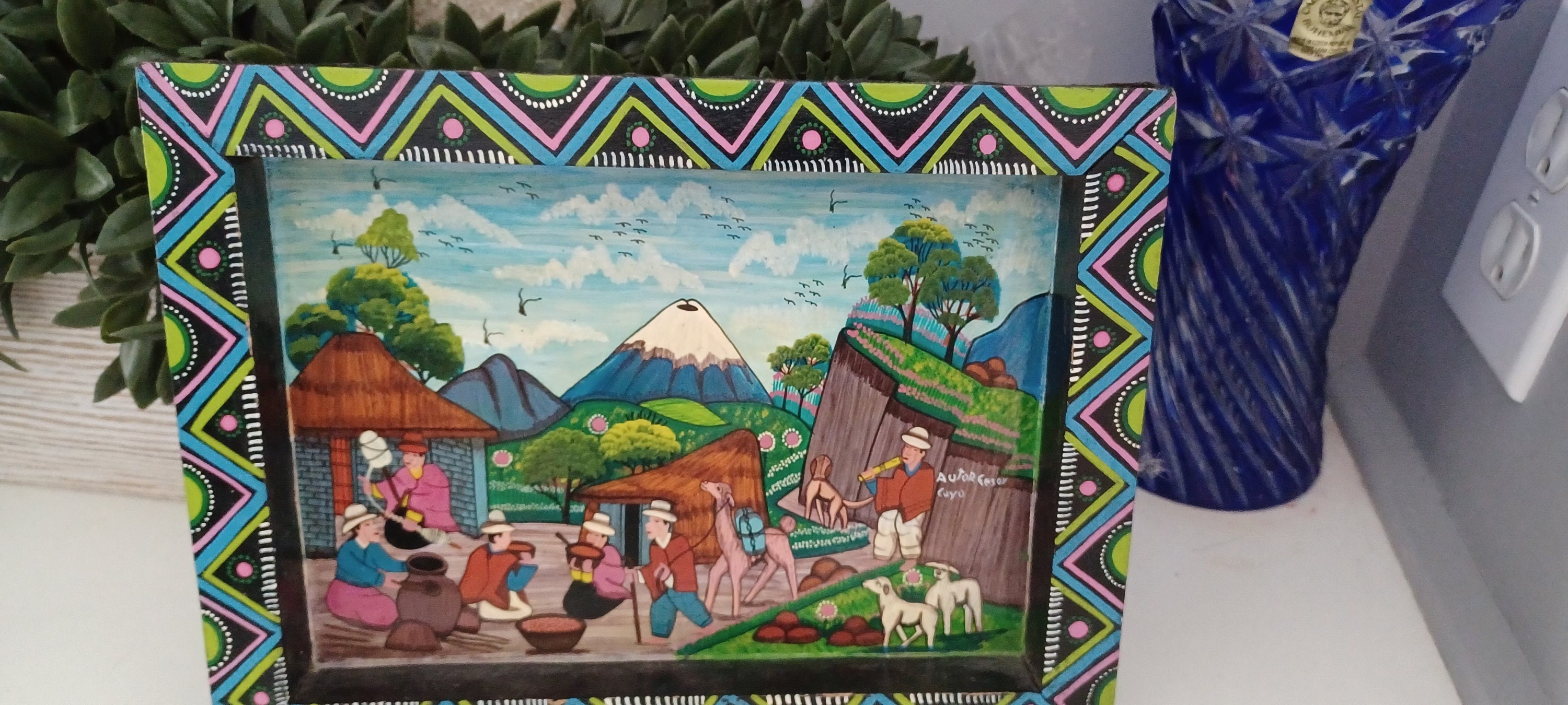 Original Vintage Tigua Folk Art Ecuador Primitive Painting on Sheepskin ...