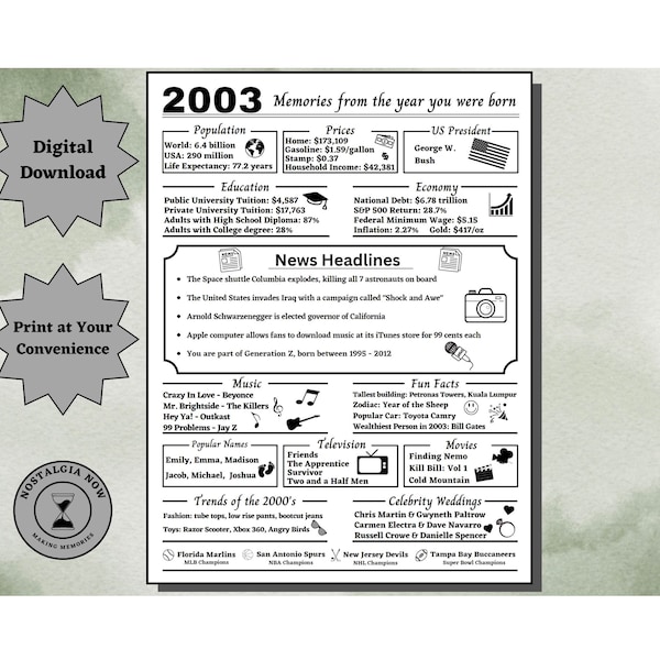 2003 the Year You Were Born Printable - Etsy