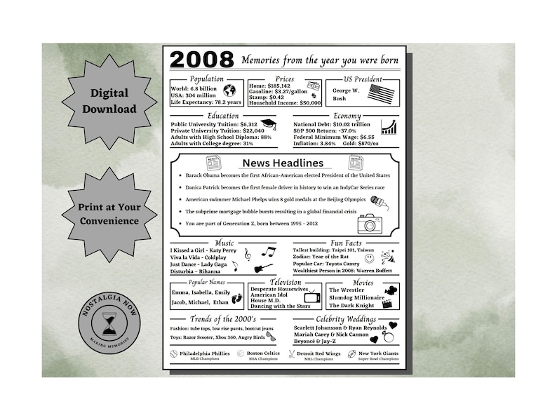 2008 Memories Printable / the Year You Were Born / 2008 Birthday ...