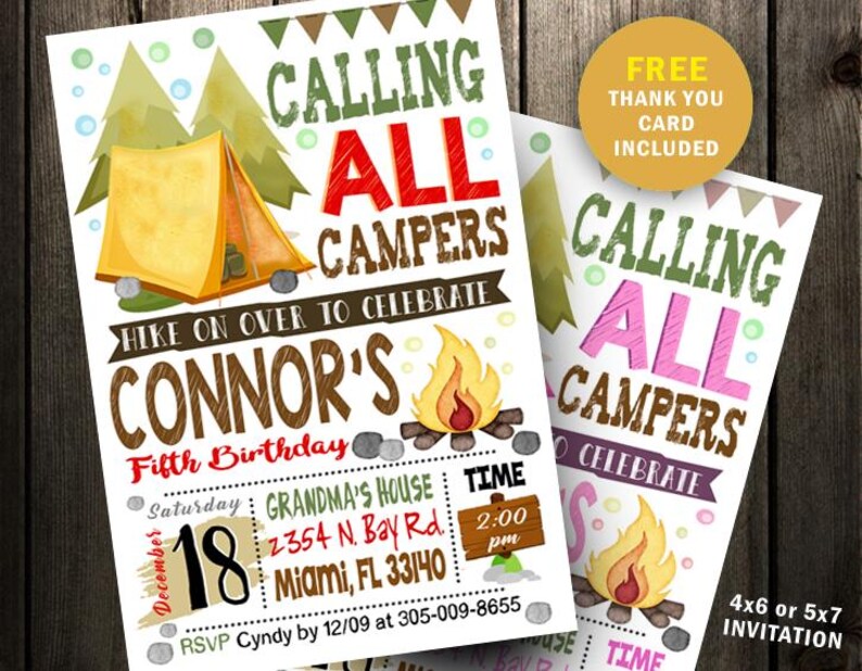 Camping Party Invitation Birthday Boy Digital File Invite Printable Editable Campout Camp Out ...
