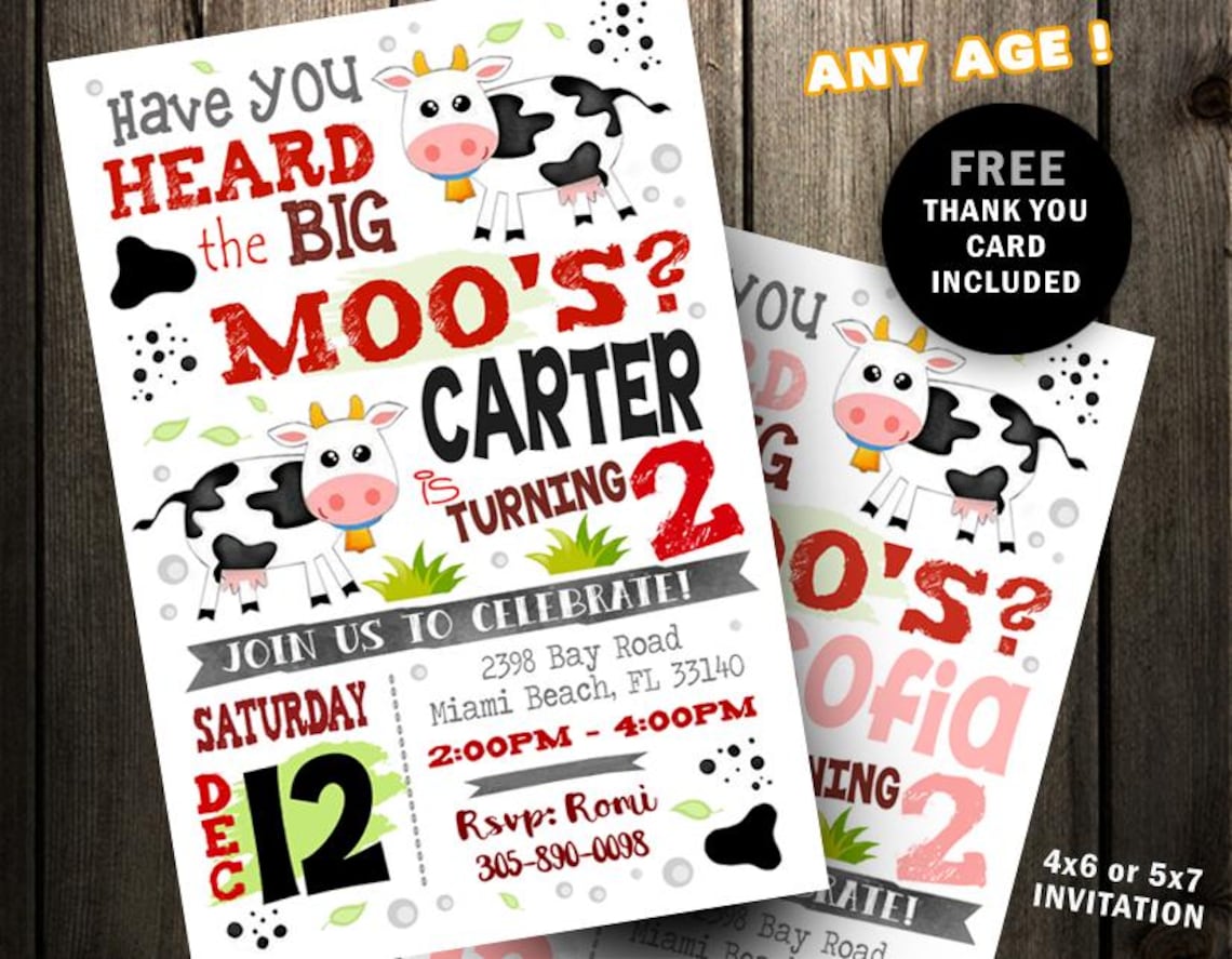 Cow Party Invitation Birthday Digital Download Invite Printable ...