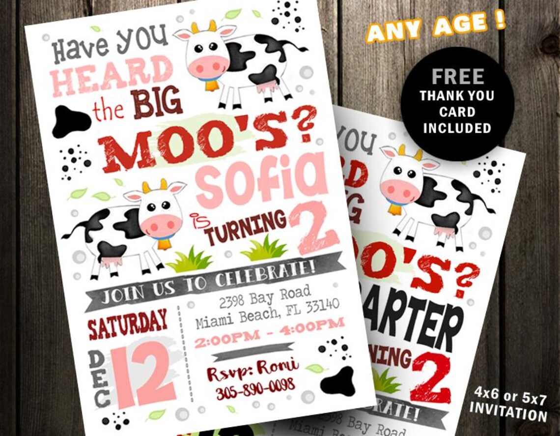 Cow Party Invitation Birthday Digital Download Invite Printable ...