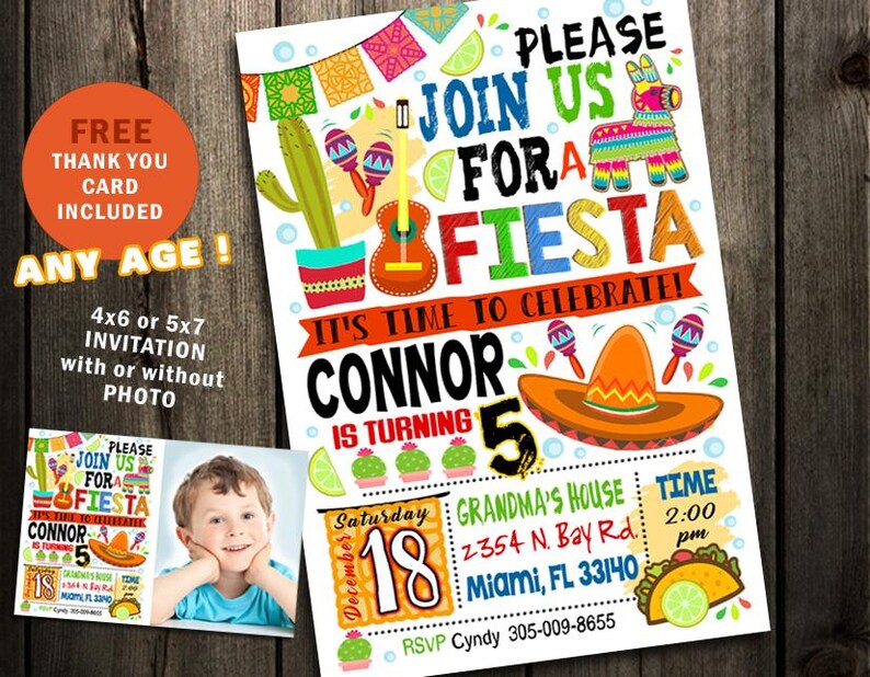 Fiesta Birthday Invitation Party Mexican Cactus Mariachi Photo Invite ...