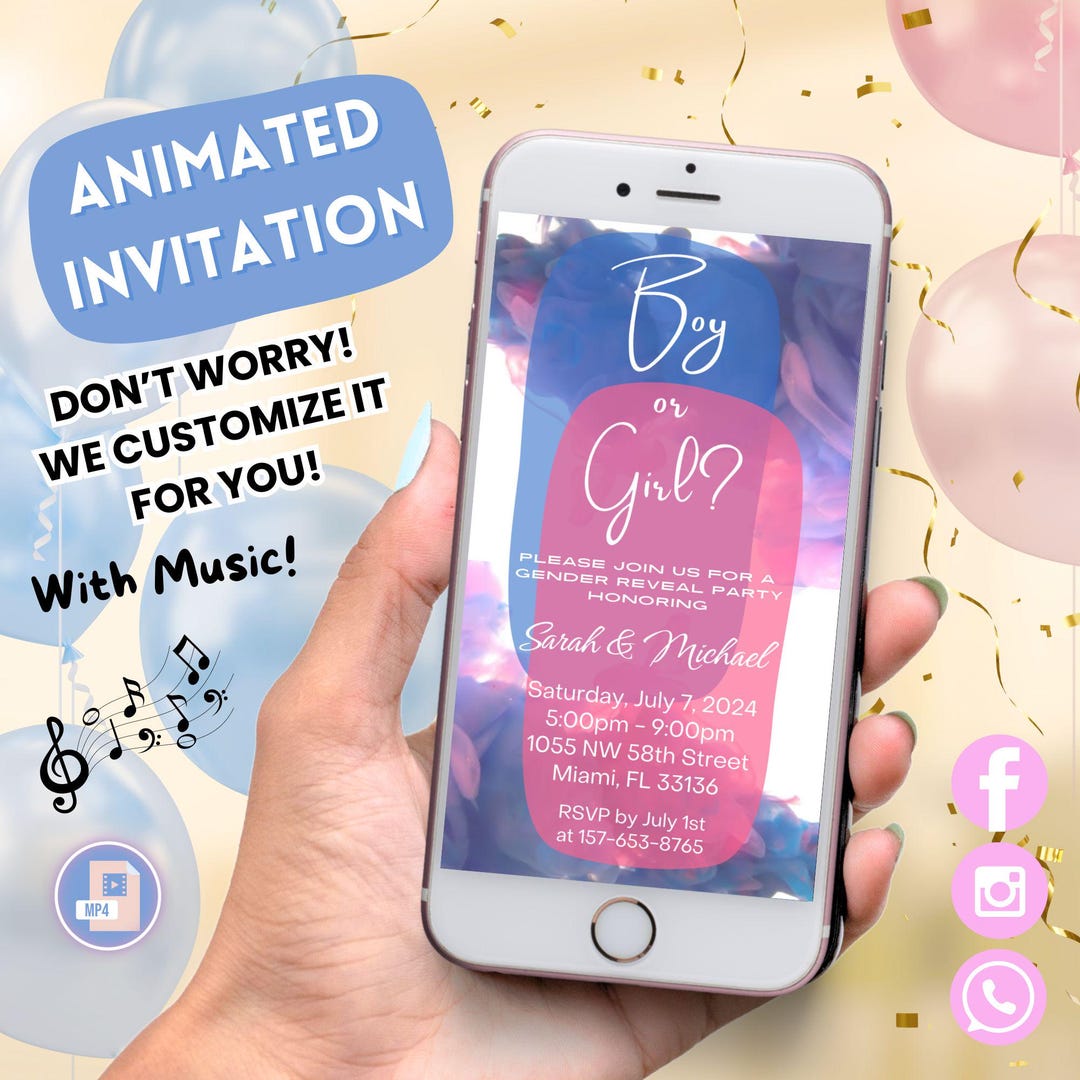 Animated Gender Reveal Invitation Video Digital Party Invite Boy or ...