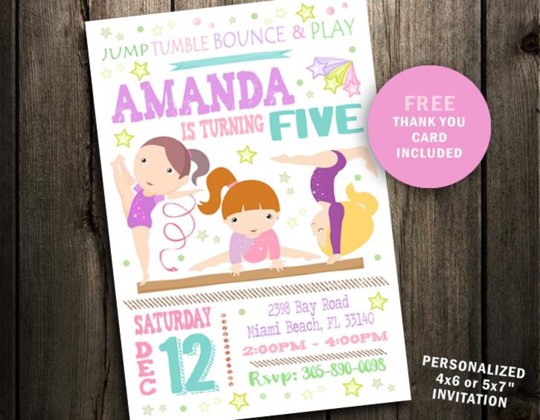 Gymnastics Birthday Invitation Party Invite Flip Tumble Girl Tumbling ...