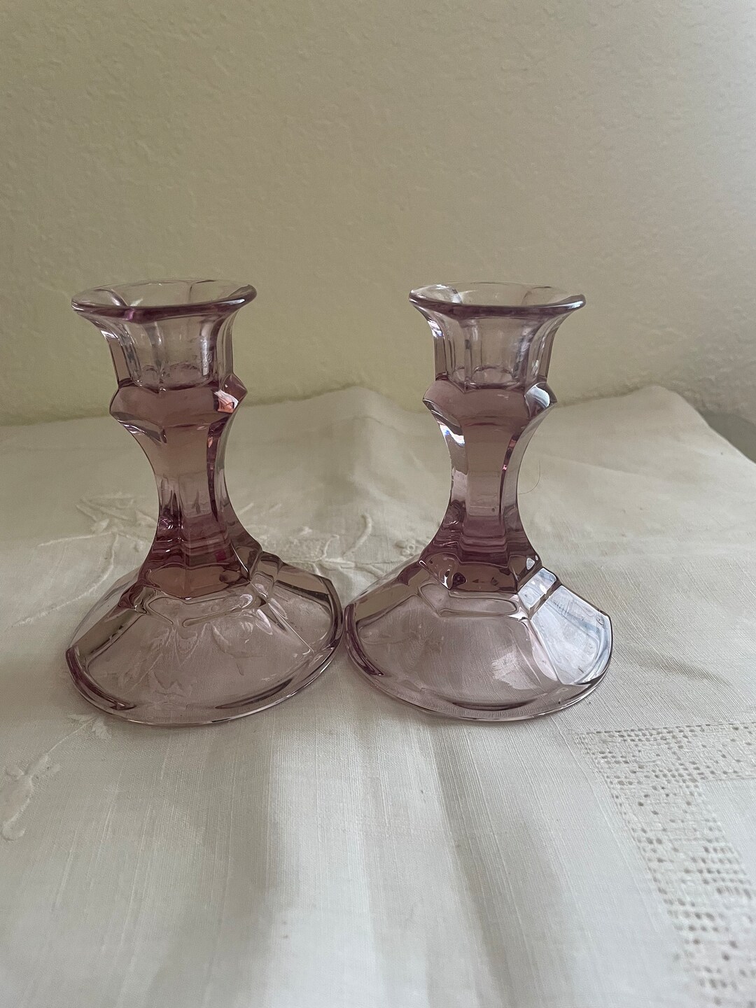 Pair of Pink Glass Candle Holders - Etsy