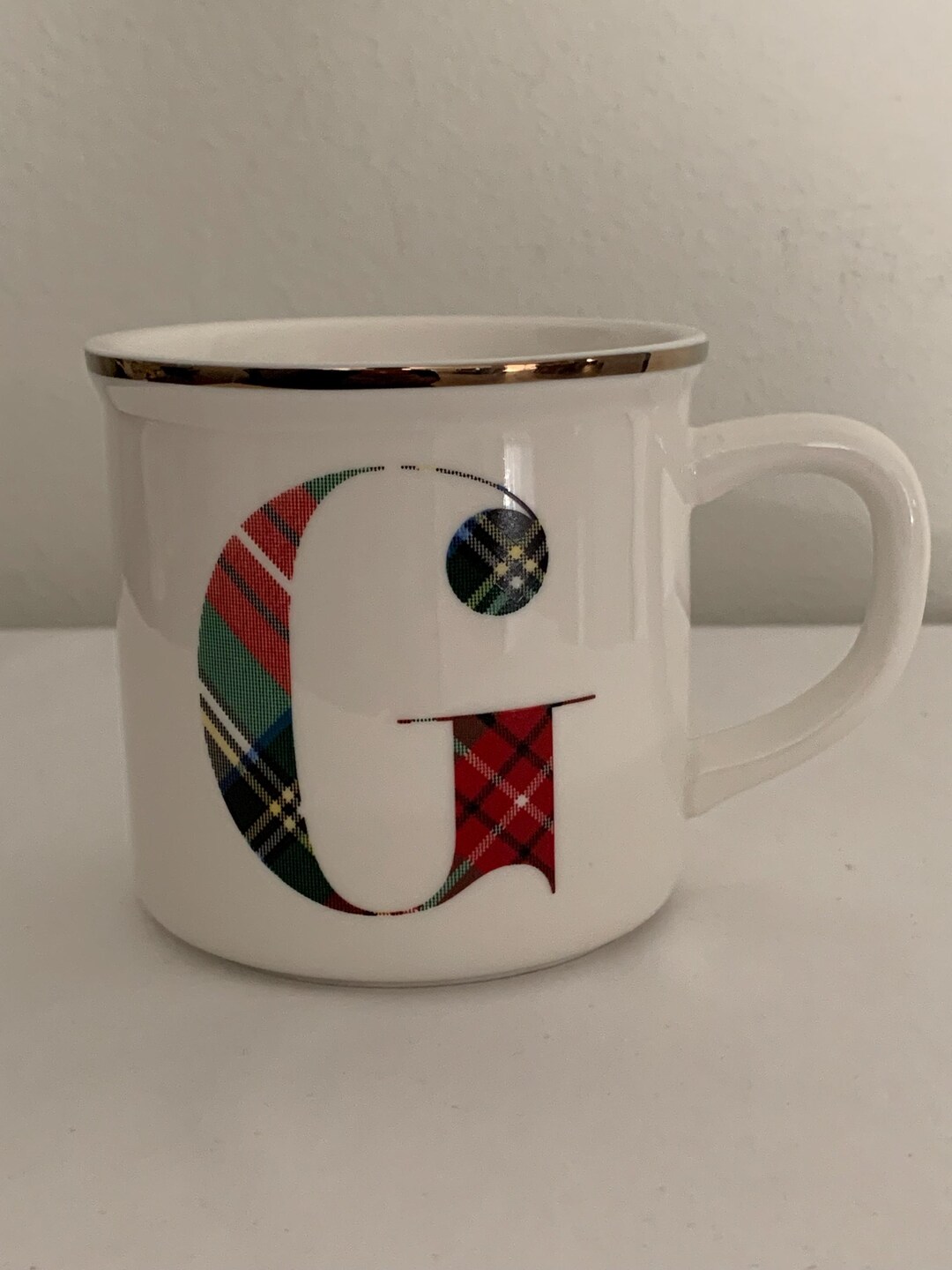 Pottery Barn Stewart Plaid Monogram G Handcrafted White Stoneware 15 0z ...