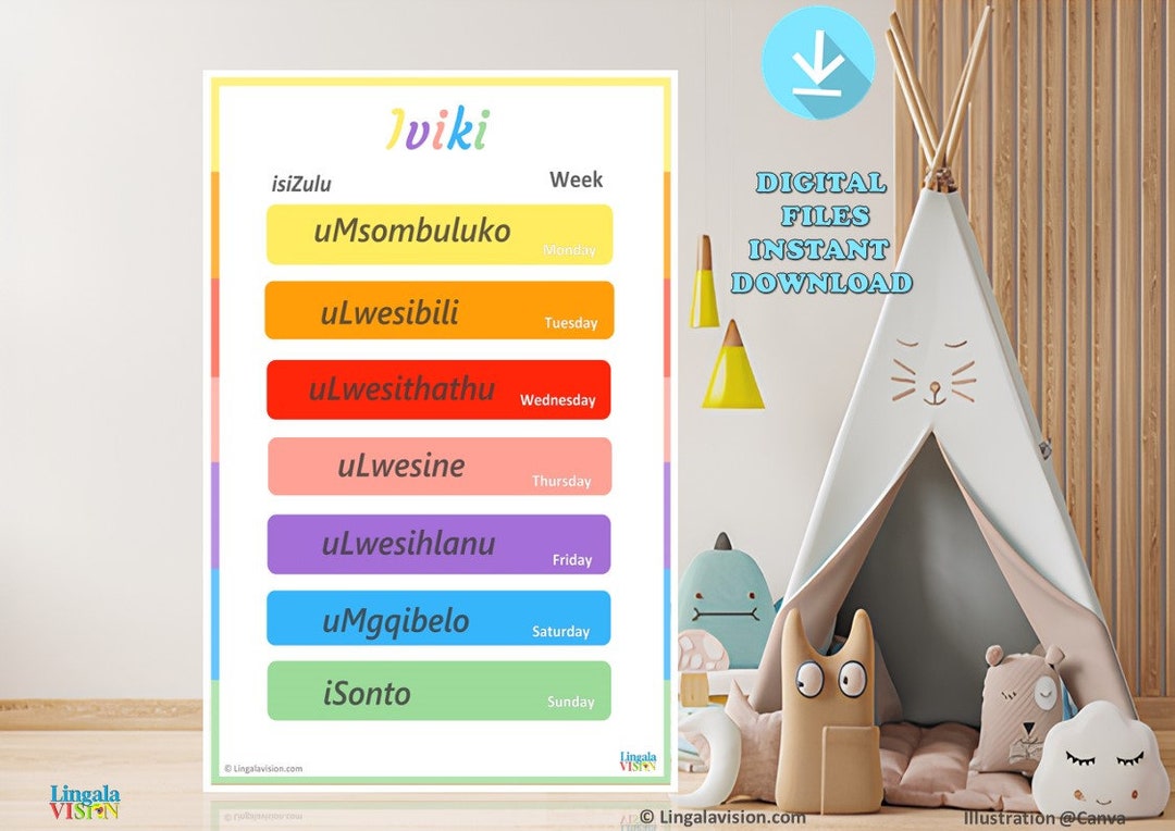 Zulu English Weekdays, Classroom Educational Poster, South Africa ...