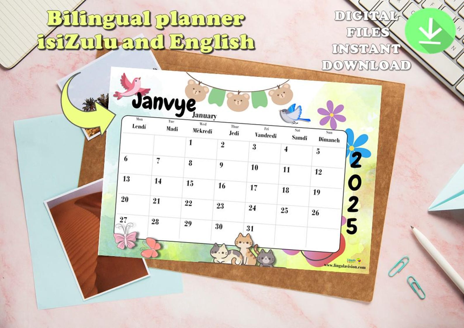 Haitian Creole English 2025 Printable Cute Kids Calendar, 12 Months ...