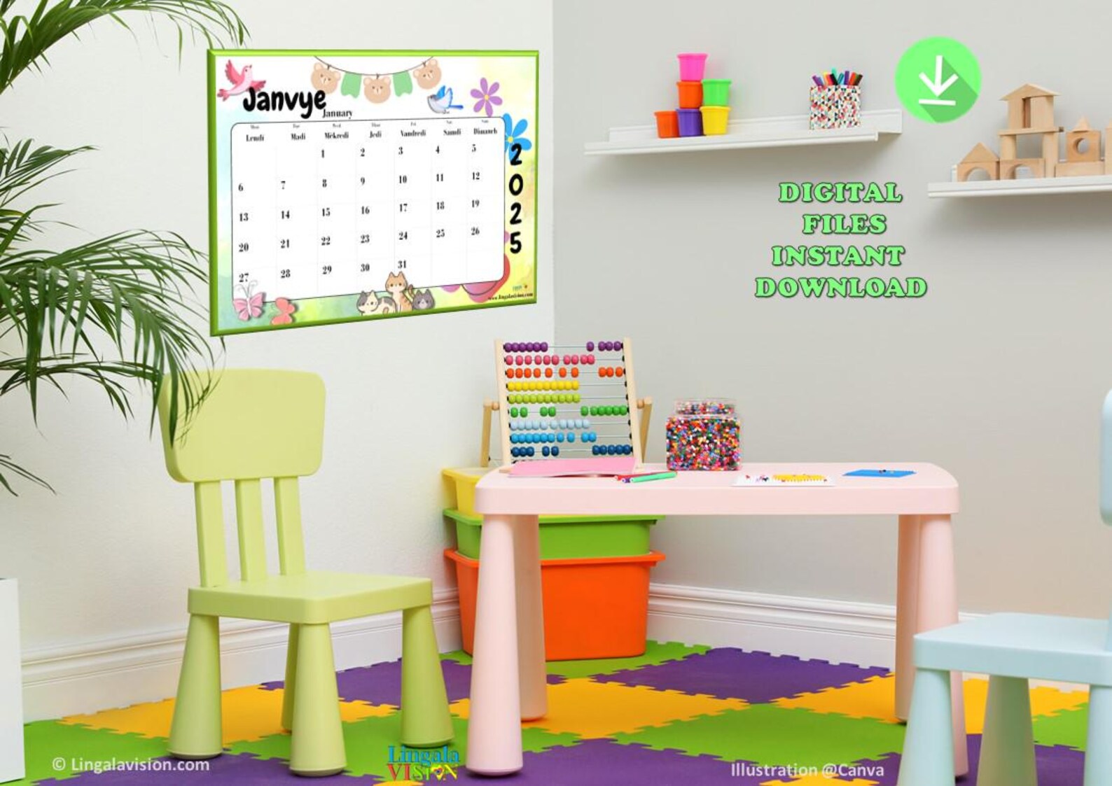 Haitian Creole English 2025 Printable Cute Kids Calendar, 12 Months ...