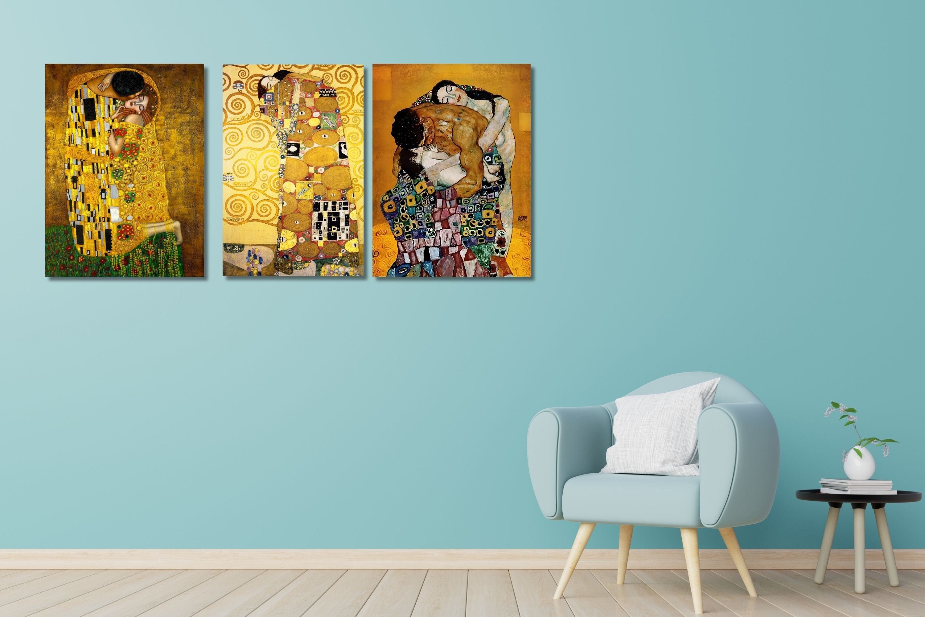 Set of 3 Gustav Klimpt Love Kiss Family Paintings Canvas Wall Arts ...