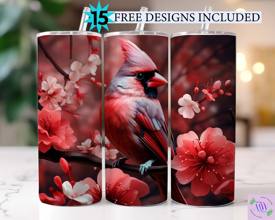 3D Red Cardinal Bird Tumbler Wrap PNG, Red Cardinal Bird 3D Sublimation ...