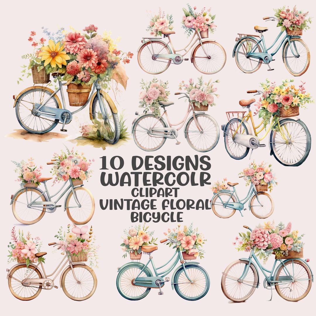 Bike With Flowers Clipart, Watercolor Floral Bicycle Clipart Bundle ...