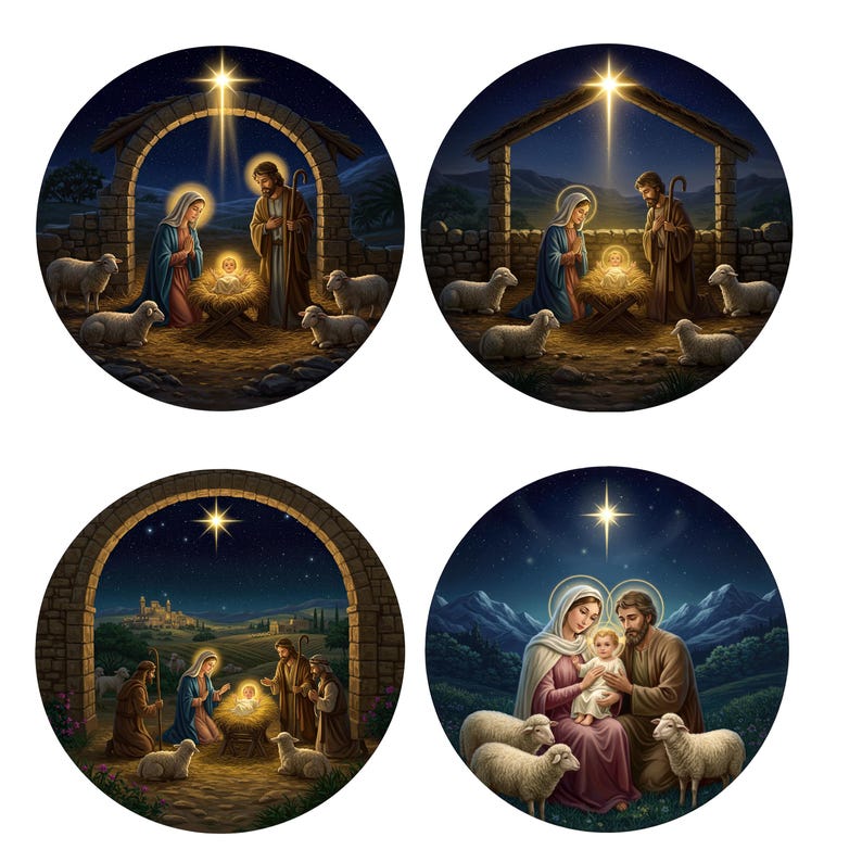 50 Nativity Scene Round Cliparts, Instant Round Ornaments PNG ...
