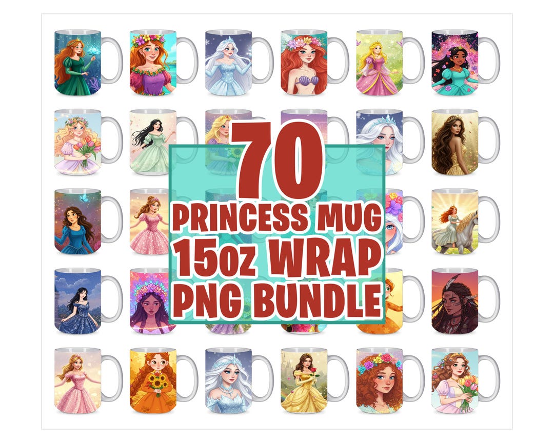 70 Princess Mug Wrap, Cartoon Bundle Mug Wrap, 15oz Mug Wrap, Mug ...