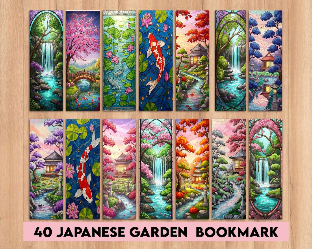 40 Japanese Garden Printable Bookmarks, Stained Glass Japanese Garden ...