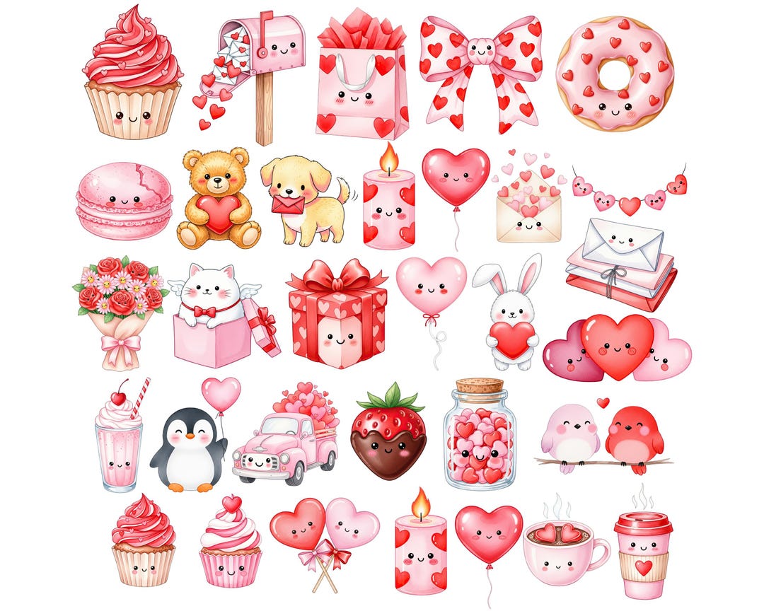 Valentine's Day Clipart Bundle, Kawaii Valentine Png, Whimsical ...