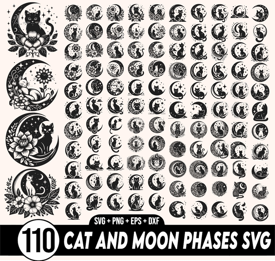 Cat and Moon Phases Svg Bundle, Mystical Cat and Moon, Cat Clipart, Cat ...