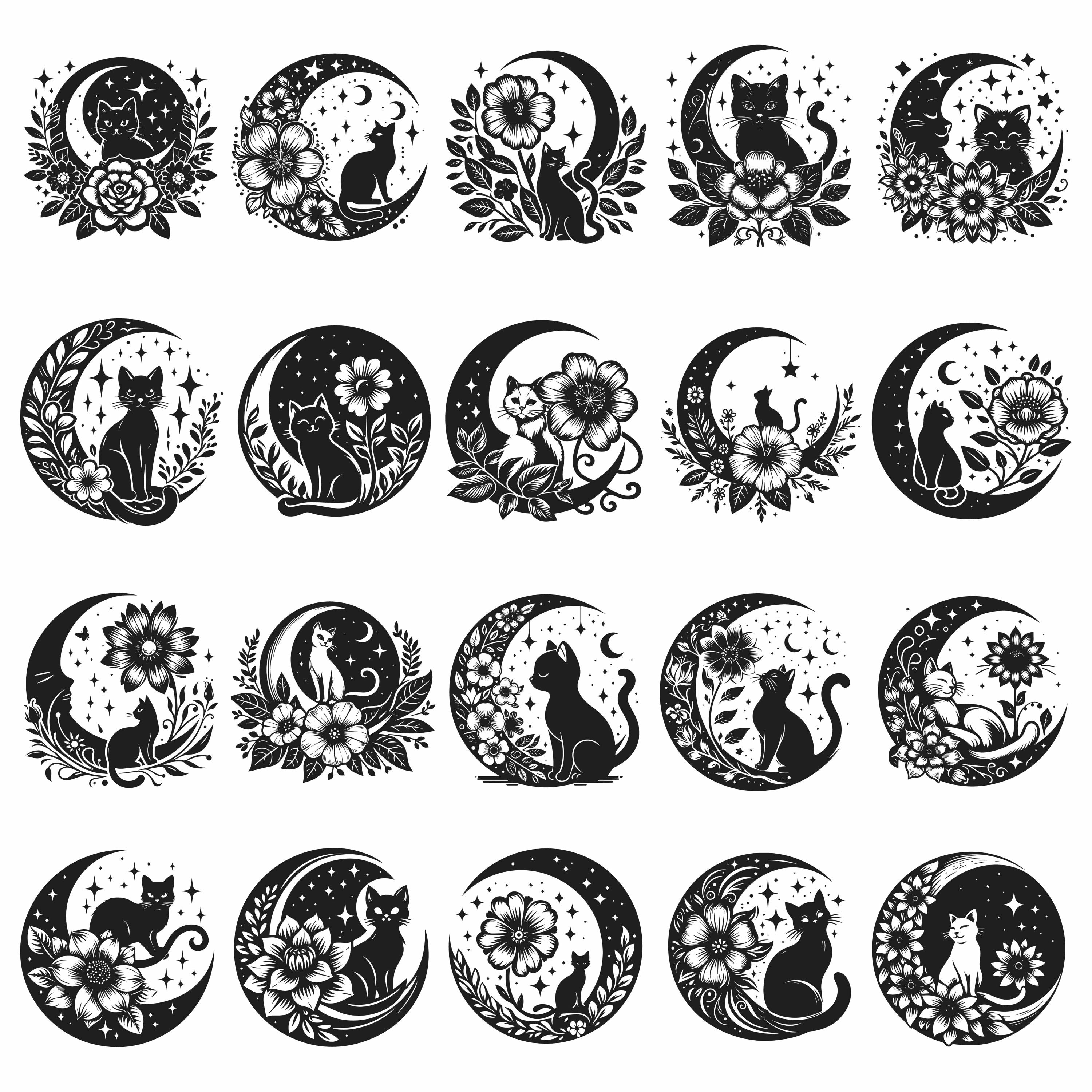Cat and Moon Phases Svg Bundle, Mystical Cat and Moon, Cat Clipart, Cat ...