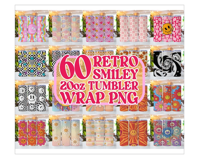Retro Tumbler Wrap Bundle, Retro PNG, Retro Smiley Tumbler, Smiley Face ...